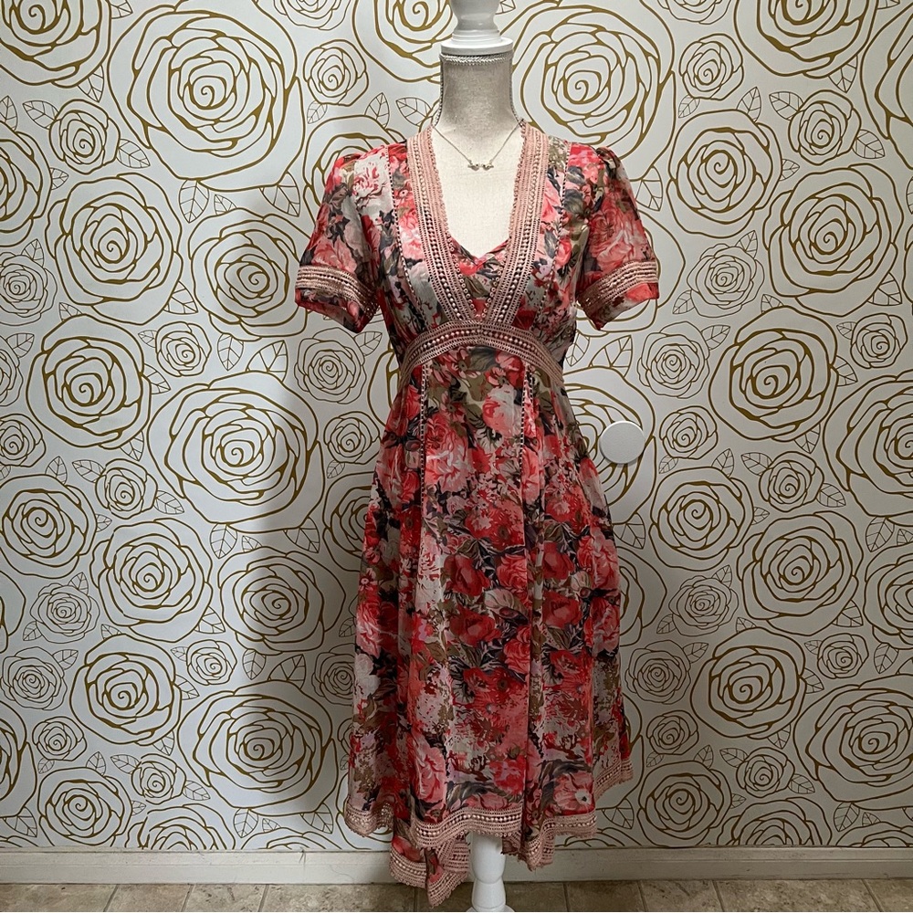 Anthropologie Ranna Gill Rose Bouquet Fit & Flare Kne… - Gem